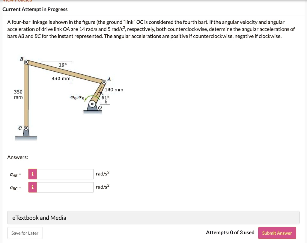 SOLVED: Current Attempt in Progress A four-bar linkage is shown in the figure (the ground "link ...