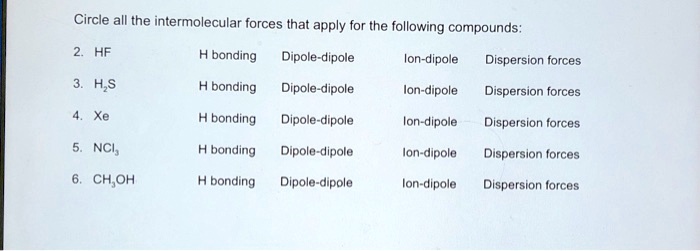 SOLVED:Circle all the intermolecular forces that apply for the ...