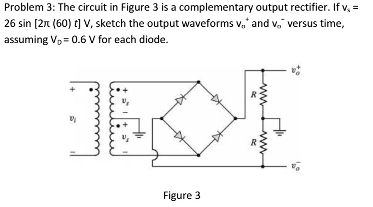 SOLVED: Problem 3: The circuit in Figure 3 is a complementary output rectifier. If vs = 26 sin ...