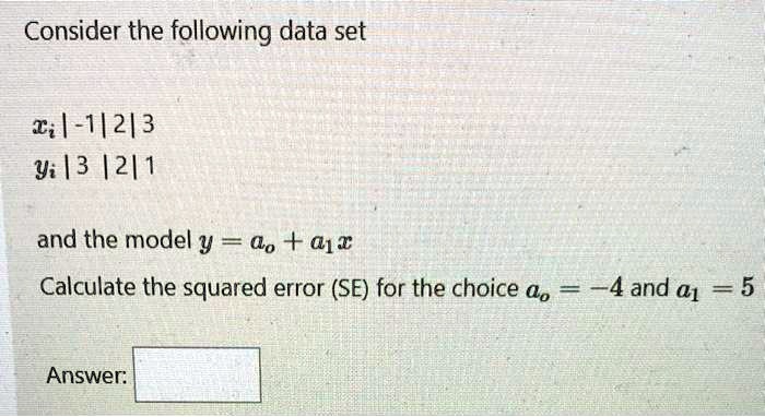SOLVED: Consider the following data set T;|-1/2/3 y; | 3 |2/1 and the model y @o + @1* Calculate ...