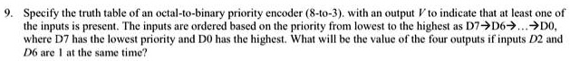 Solved Specify The Truth Table Of An Octal To Binary Priority Encoder 8 To 3 With An Output V