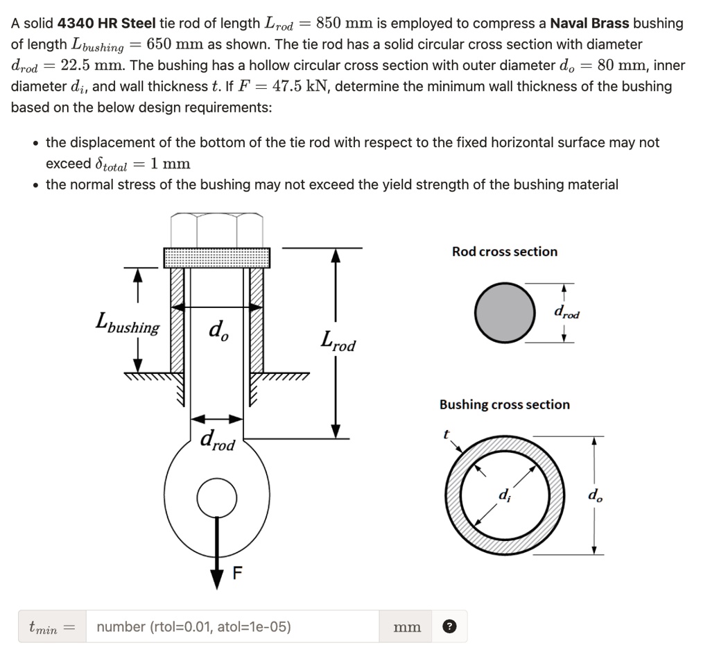 a solid 4340 hr steel tie rod of length lrod 850 mm is employed to ...