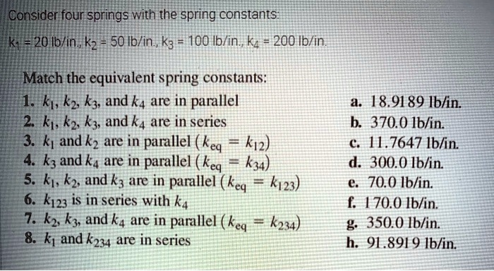 Consider four springs with the spring constants: k? = 20 lb/in., k ...