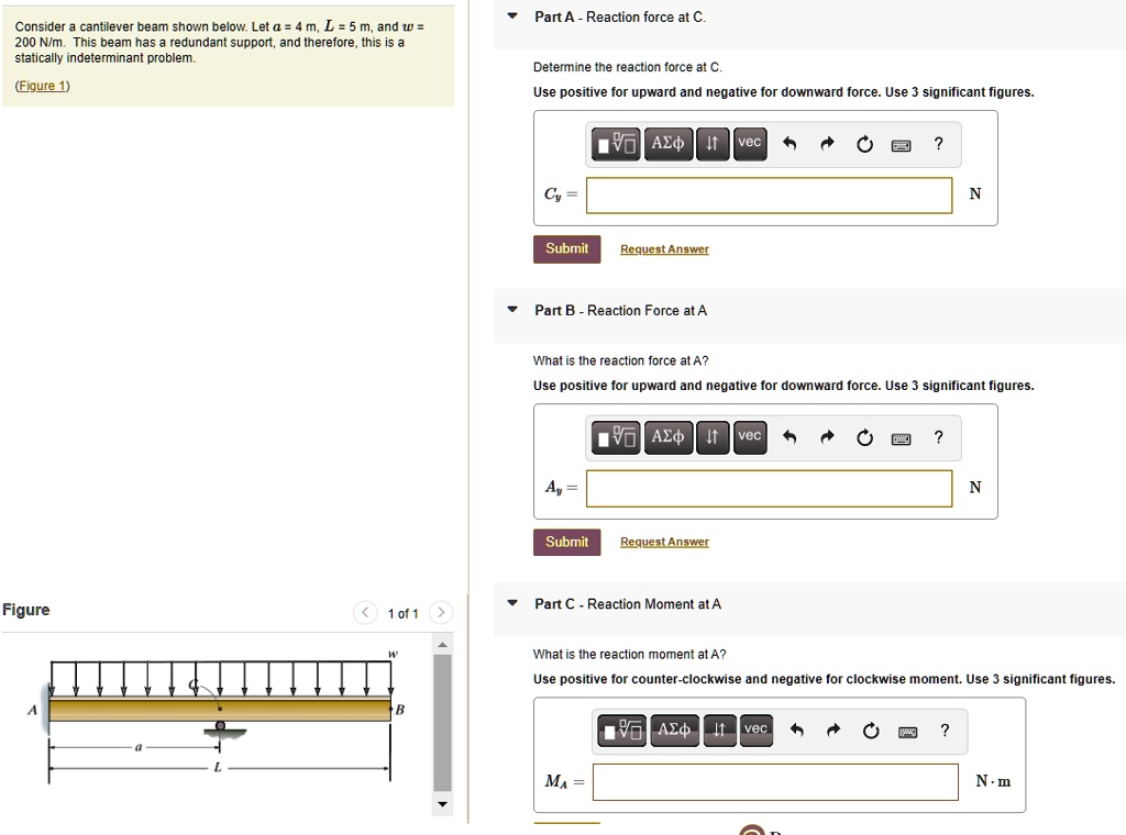 SOLVED: Part A - Reaction force at C Consider a cantilever beam shown below. Let a = 4 m, I = 5 ...