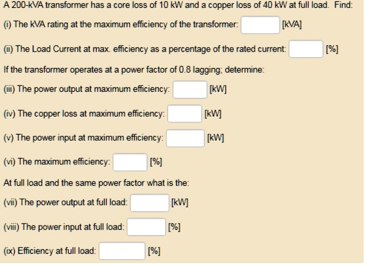 A 200-kVA transformer has a core loss of 10 kW and a copper loss of 40 kW at full load. Find: (i ...