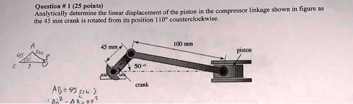 Analytically determine the linear displacement of the piston in the compressor linkage shown in ...