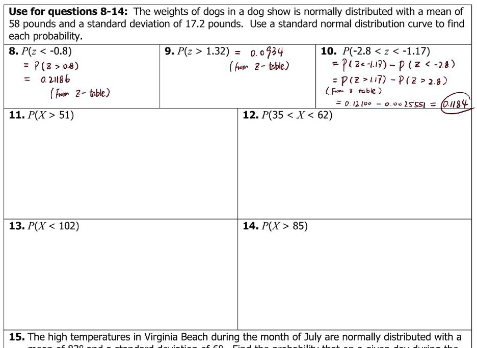 SOLVED: Use for questions 8-14: The weights of dogs in a dog show are ...