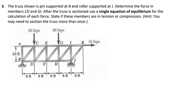 SOLVED: The truss shown is pin supported at B and roller supported at J ...