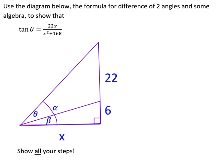 SOLVED: Use the diagram below, the formula for difference of 2 angles ...
