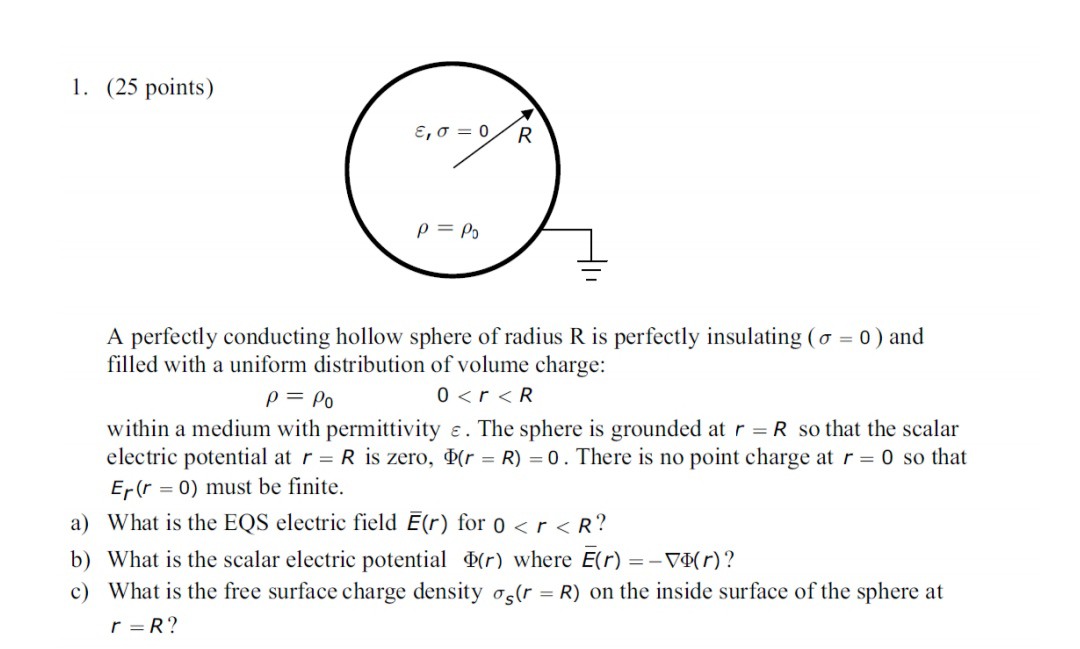 SOLVED: 1. (25 points ) A perfectly conducting hollow sphere of radius R is perfectly insulating ...