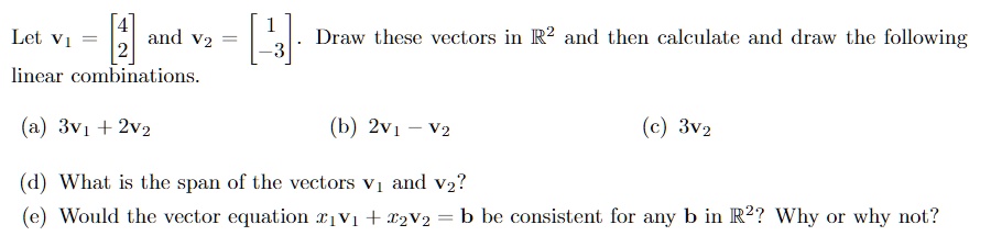 SOLVED: Let VI 2 and V2 linear combinalions Draw these vectors in R2 ...