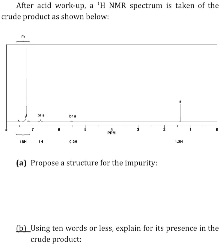 SOLVED: Please answer both parts. After acid work-up, H NMR spectrum is taken of the crude ...