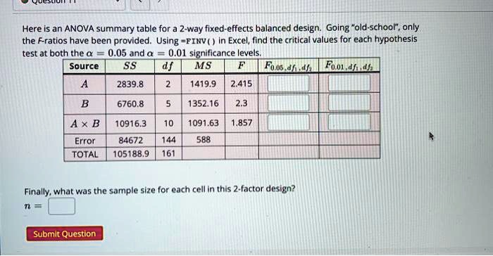 SOLVED: Here Is an ANOVA summary table for 2-way fixed-effects balanced design: Going "old ...