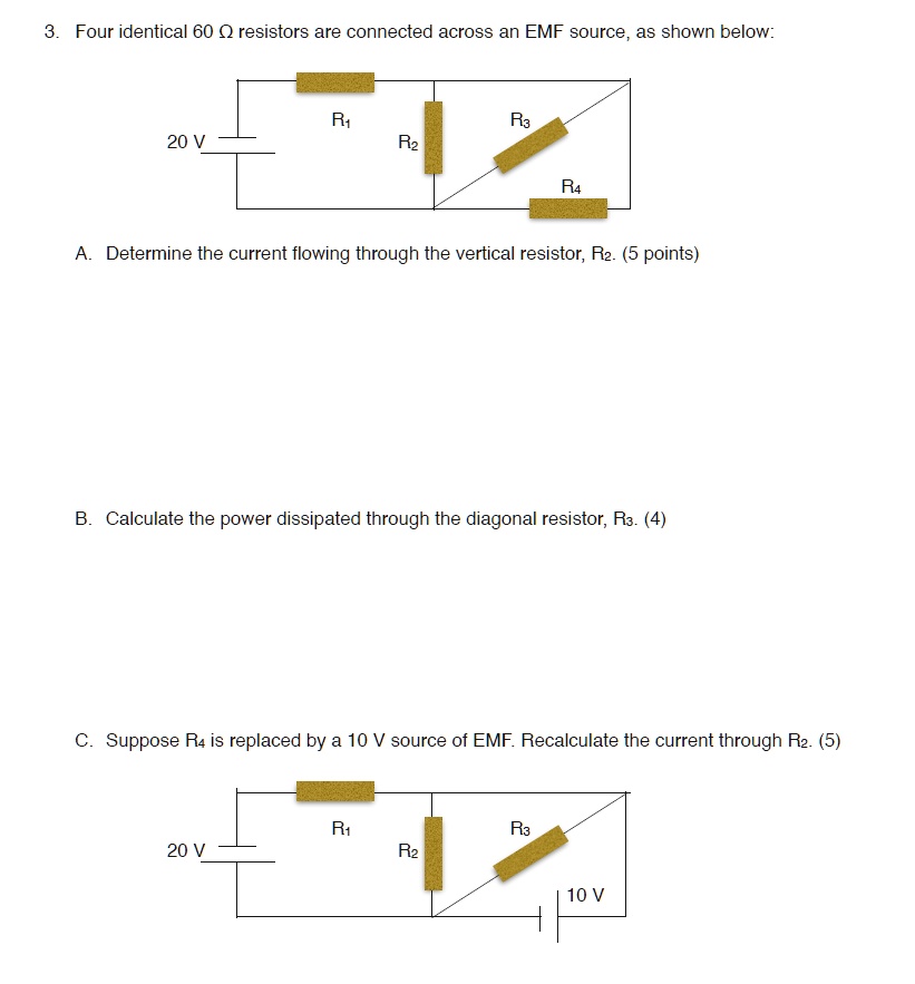 SOLVED: Four identical 60 resistors are connected across an EMF source ...
