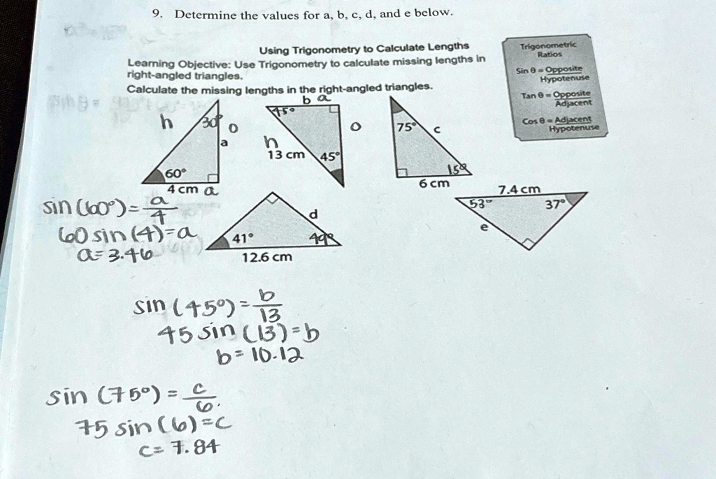 SOLVED: Determine the values for a, b, c, d, and e below. Using Trigonometry to Calculate ...