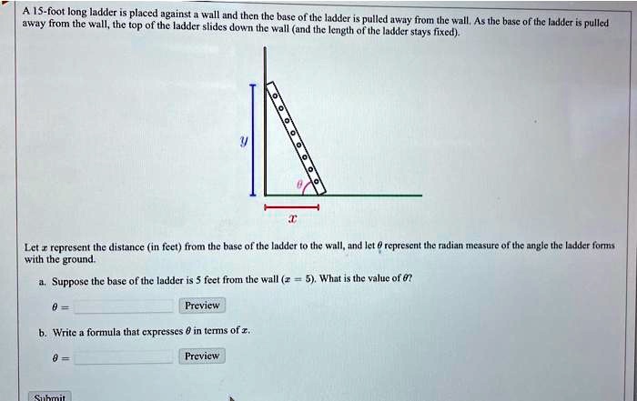 SOLVED: A 5-foot long ladder is placed against a wall and then the base ...