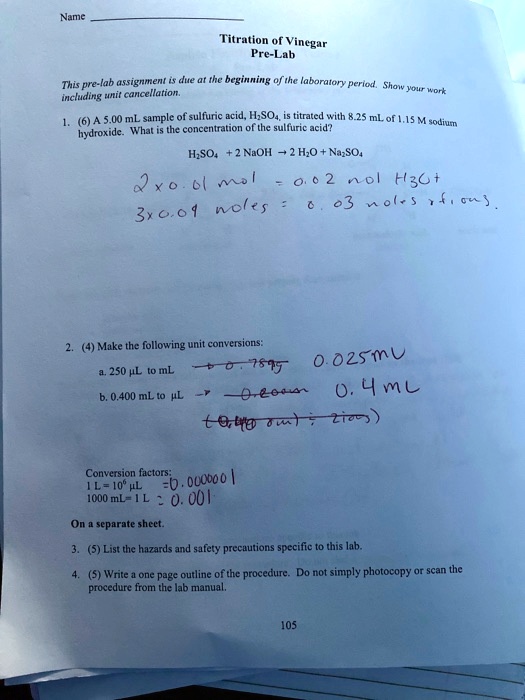 Titration of Vinegar Pre-Lab This pre-lab assignment is due at the ...