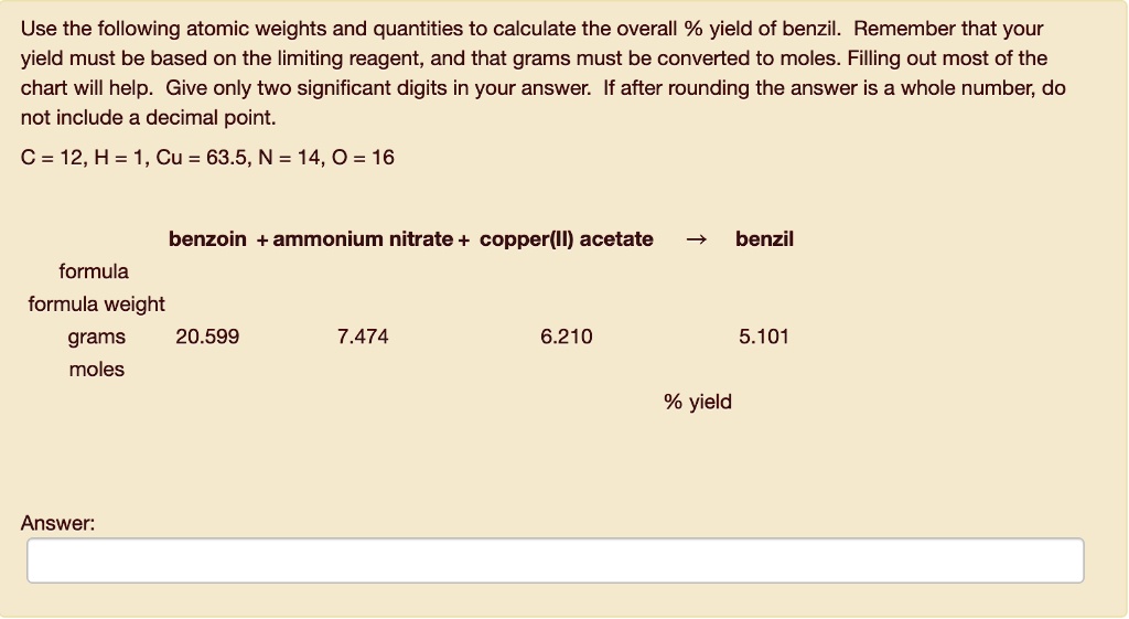 SOLVED: Use the following atomic weights and quantities to calculate ...