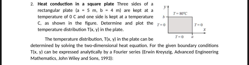 SOLVED: Heat conduction in a square plate. Three sides of the rectangular plate (m, m) are kept ...