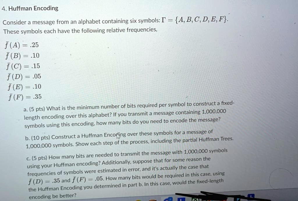 4. Huffman Encoding Consider a message from an alphabet containing six ...