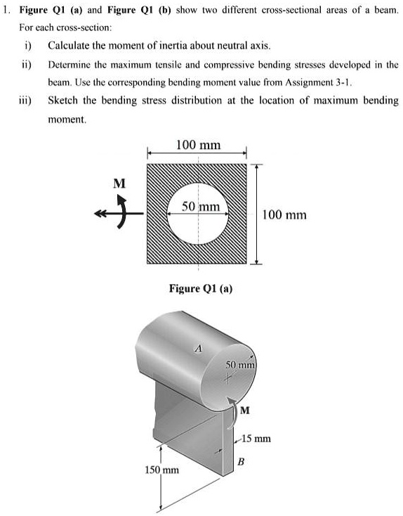 1. Figure Q1 (a) and Figure Q1 (b) show two different cross-sectional areas of a beam. For each ...