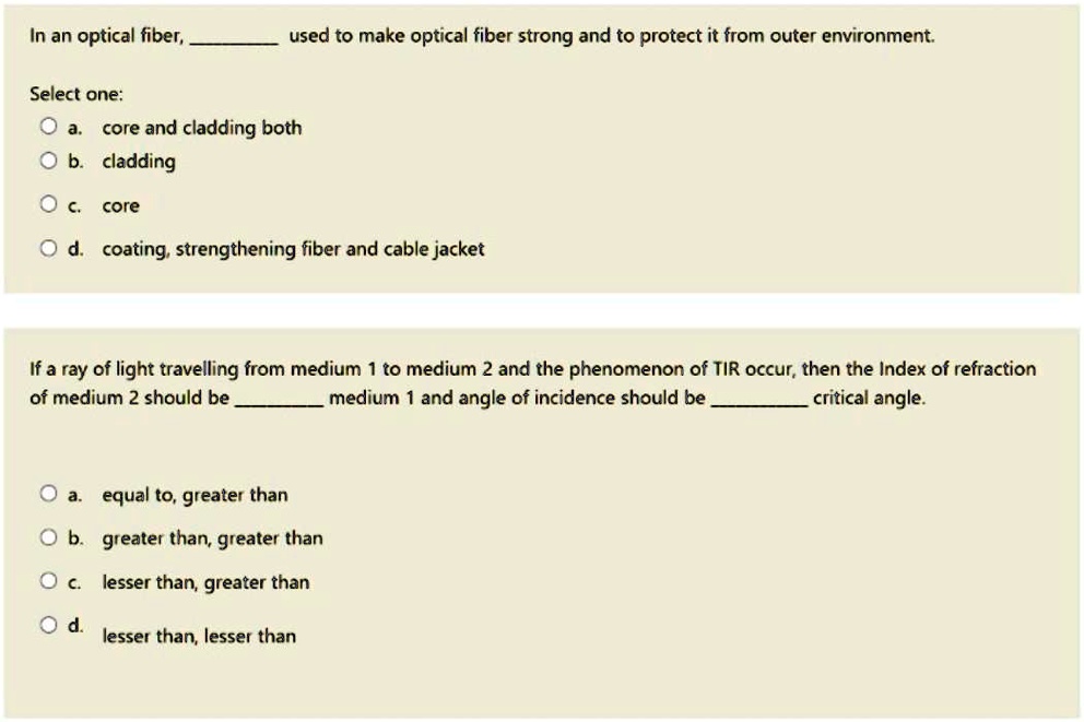 SOLVED:In an optical fiber; used to make optical fiber strong and to protect it from outer ...