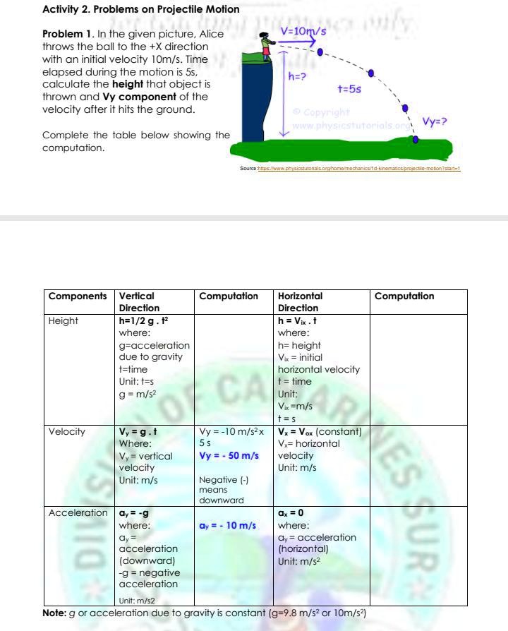 SOLVED: (PLEASE HELP) Problems in projectile motion Problem 1: Science Activity 2: Problems on ...