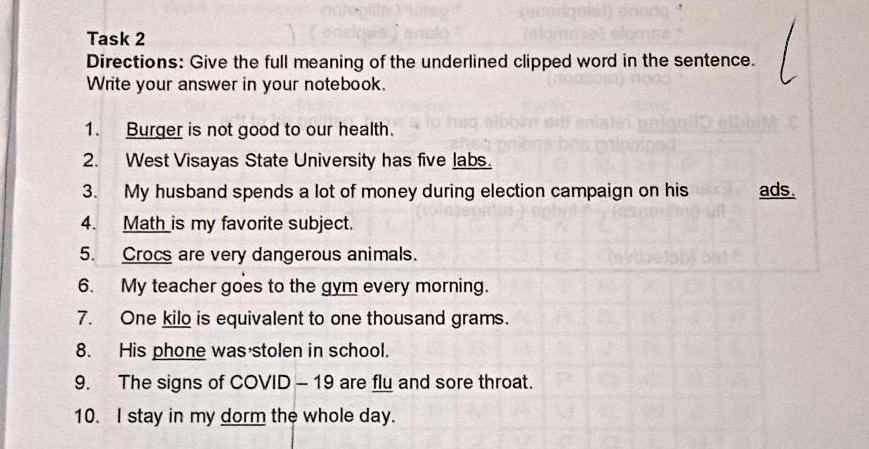 SOLVED: 'give the full meaning of the underlined clipped word in the ...