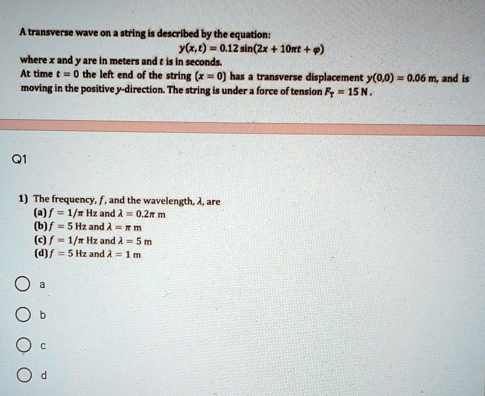a transverse wave on a string is described by the equation yxt 012 ...