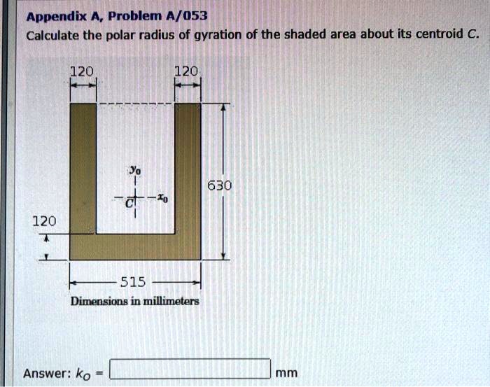 SOLVED: AppendixA,Problem A/053 Calculate the polar radius of gyration of the shaded area about ...