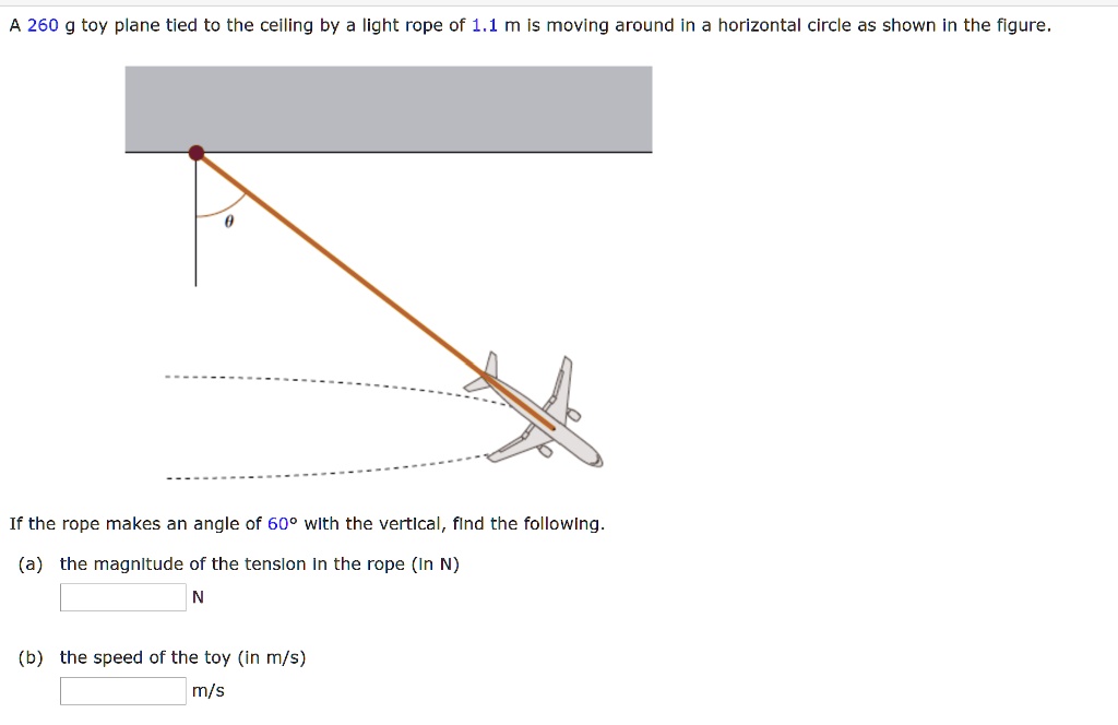 SOLVED: A 260 g toy plane tied to the ceiling by light rope of 1.1 m Is ...