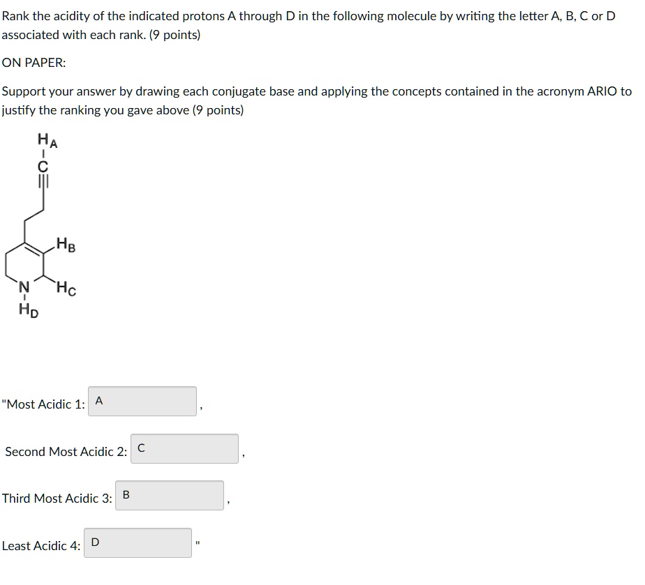 SOLVED: Rank the acidity of the indicated protons A through D in the following molecule by ...