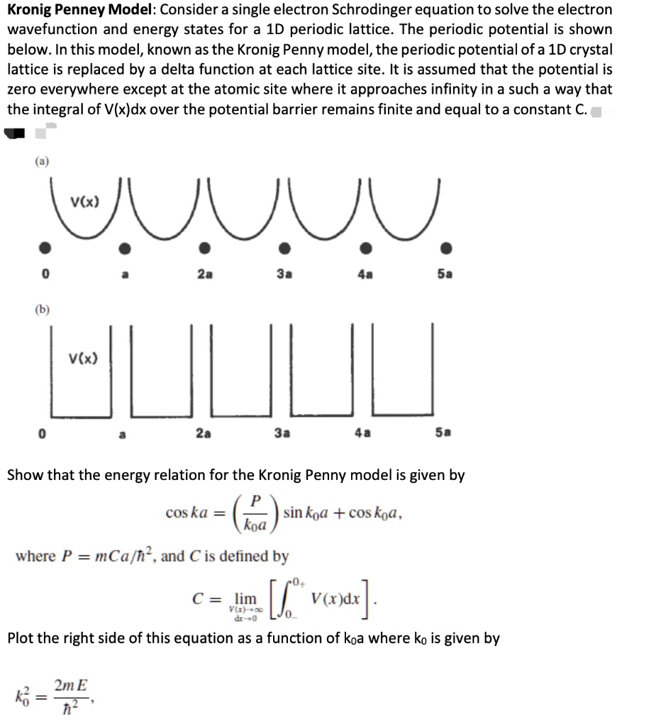 SOLVED: Kronig Penney Model: Consider a single electron Schrodinger ...