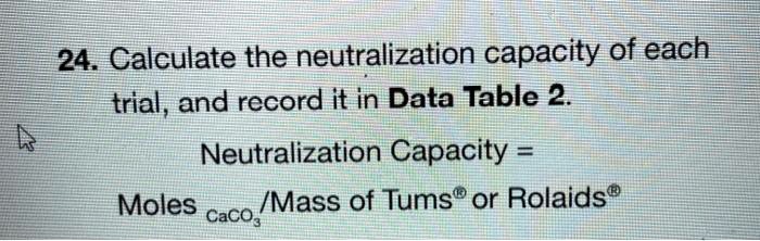SOLVED: 24. Calculate the neutralization capacity of each trial, and ...