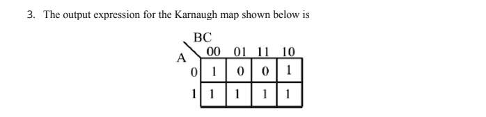 The output expression for the Karnaugh map shown below is BC 00 01 u 10