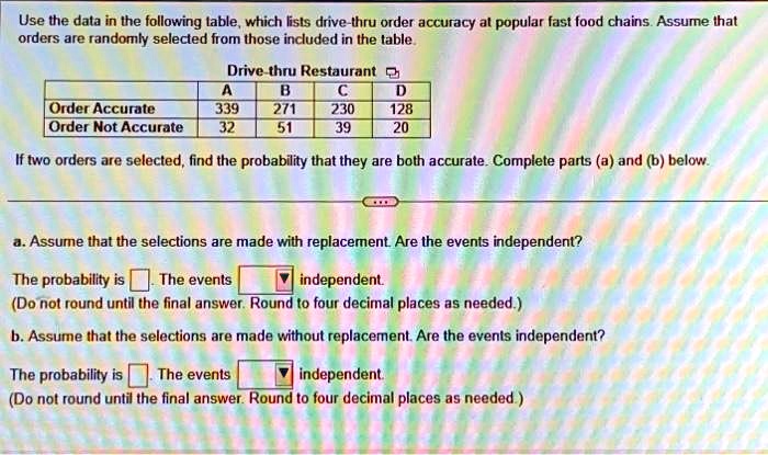 SOLVED: Texts: Use the data in the following table, which lists drive-thru order accuracy at ...