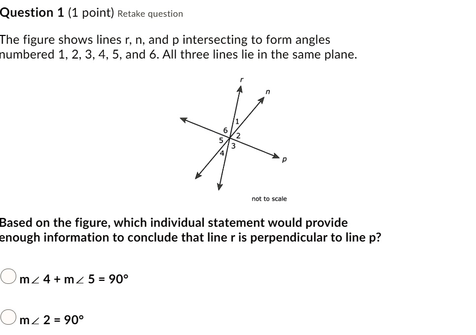 Question 1 (1 point) Retake question: The figure shows lines r, n, and p intersecting to form ...