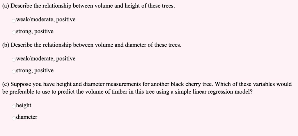 SOLVED: Describe the relationship between volume and height of these trees: weak, moderate ...