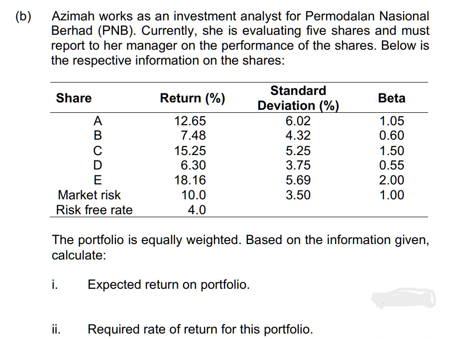 SOLVED: (b) Azimah works as an investment analyst for Permodalan Nasional Berhad (PNB ...