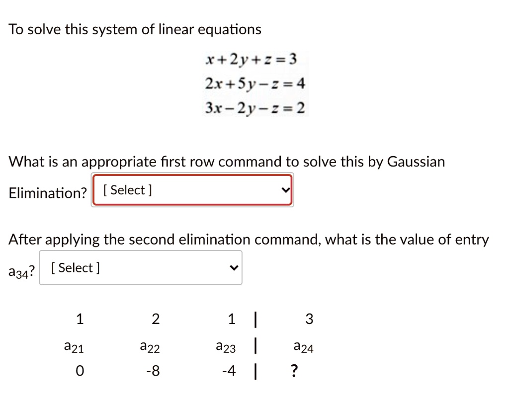 SOLVED: To solve this system of linear equations X+2y+2=3 2x+Sy-7=4 3r - 2y-: =2 What is an ...