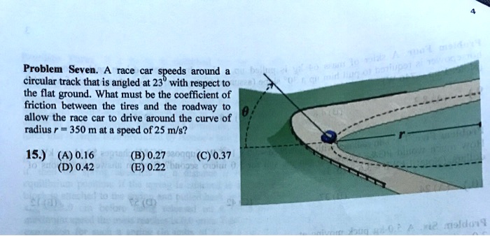 Problem Seven. A race car speeds around a circular track that is angled ...