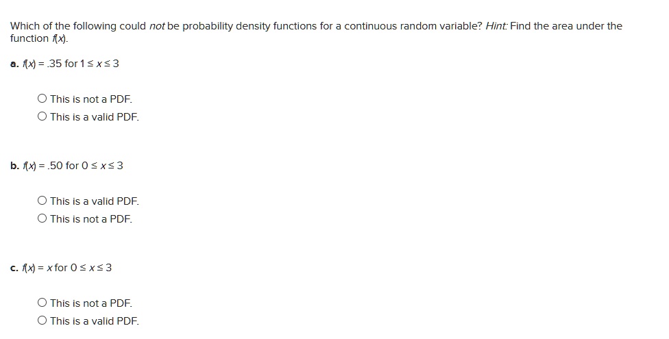 SOLVED: Which of the following could not be probability density ...