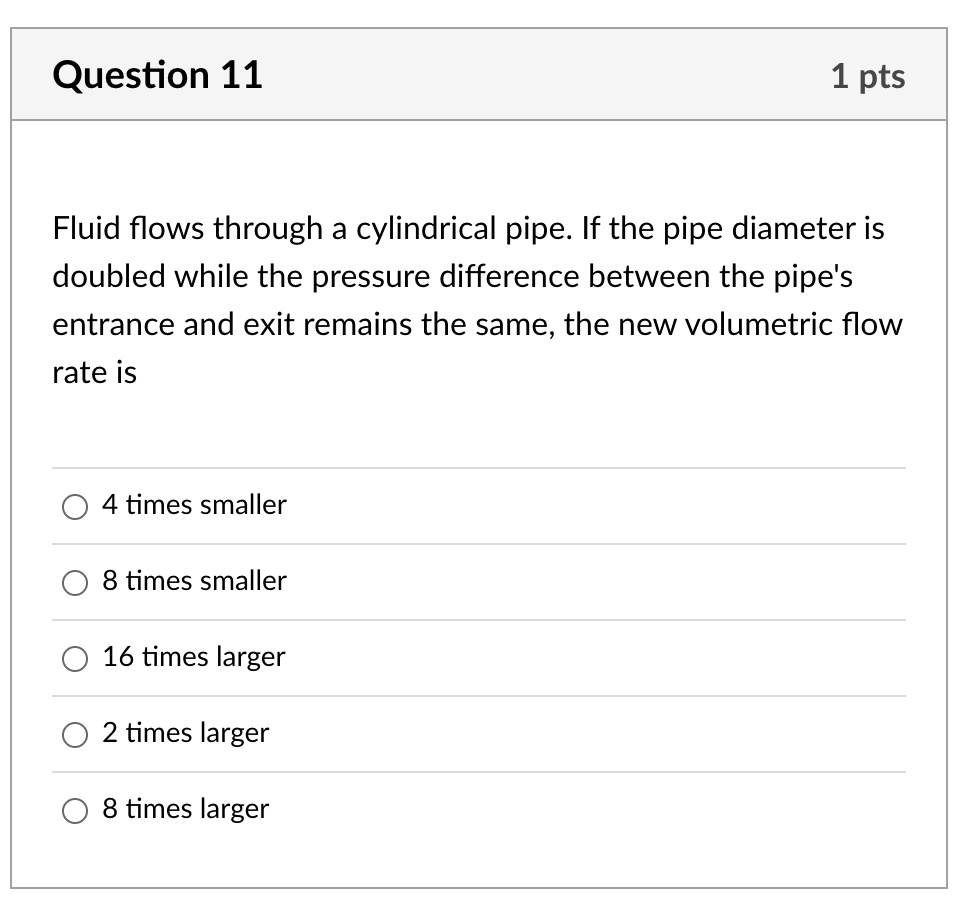 SOLVED: Question 11 1 pts Fluid flows through a cylindrical pipe: If ... SOLVED: Question 11 1 pts Fluid flows through a cylindrical pipe: If ...