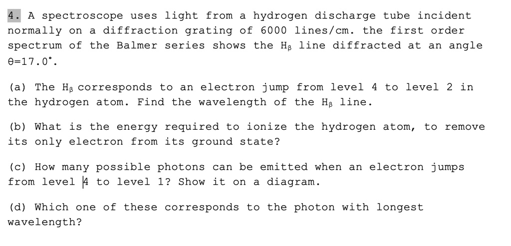 A Spectroscope Uses Light From Hydrogen Discharge Tube Incident Normally On Diffraction Grating