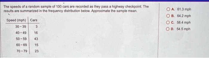 SOLVED: The speeds of a random sample of 100 cars are recorded as they ...