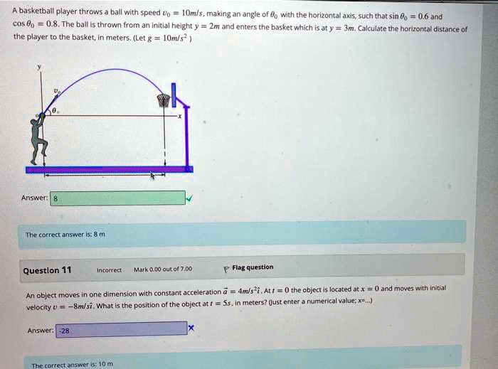 A basketball player throws a ball with speed = 10 m/s, making an angle of Î¸ with the horizontal ...
