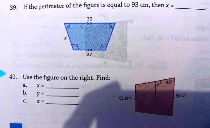 SOLVED: 39 If the perimeter of the figure is equal to 93 cm, then x ...