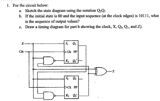 SOLVED: For the circuit below: a. Sketch the state diagram using the notation QQ. b. If the ...