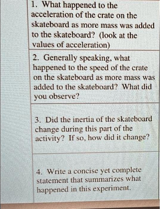 SOLVED: 1. What happened to the acceleration of the crate on the ...