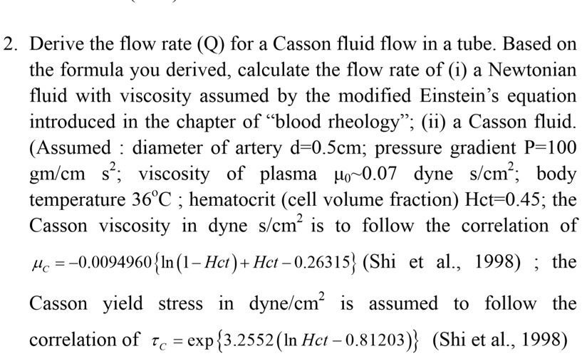 2 derive the flow rate q for a casson fluid flow in a tube based on the ...